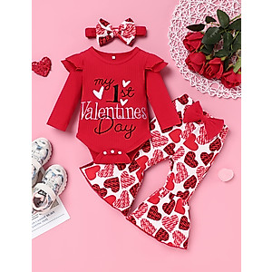 My First Valentines Day Baby Girl Outfit Newborn Baby Bodysuit + Ruffle Bell Bottom Pants + Headband Valentines Clothes Set