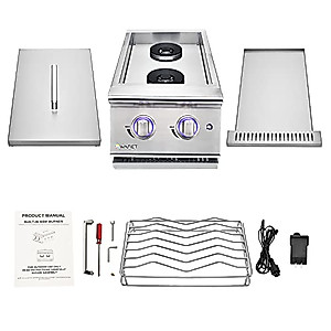 WAFIET Built-in Double Grilling Side Burners with Lid for Outdoor Kitchen BBQ Island, 304 Stainless Steel, 15,000BTU Liquid Propane/Natural Gas Grill with Drip Tray - LPG/NG Convertible