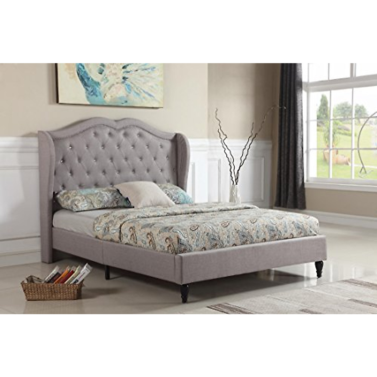 Home Life Premiere Curved Classics Cloth Light Grey Silver Linen 51" Tall Headboard Platform Bed with Slats Full- 019