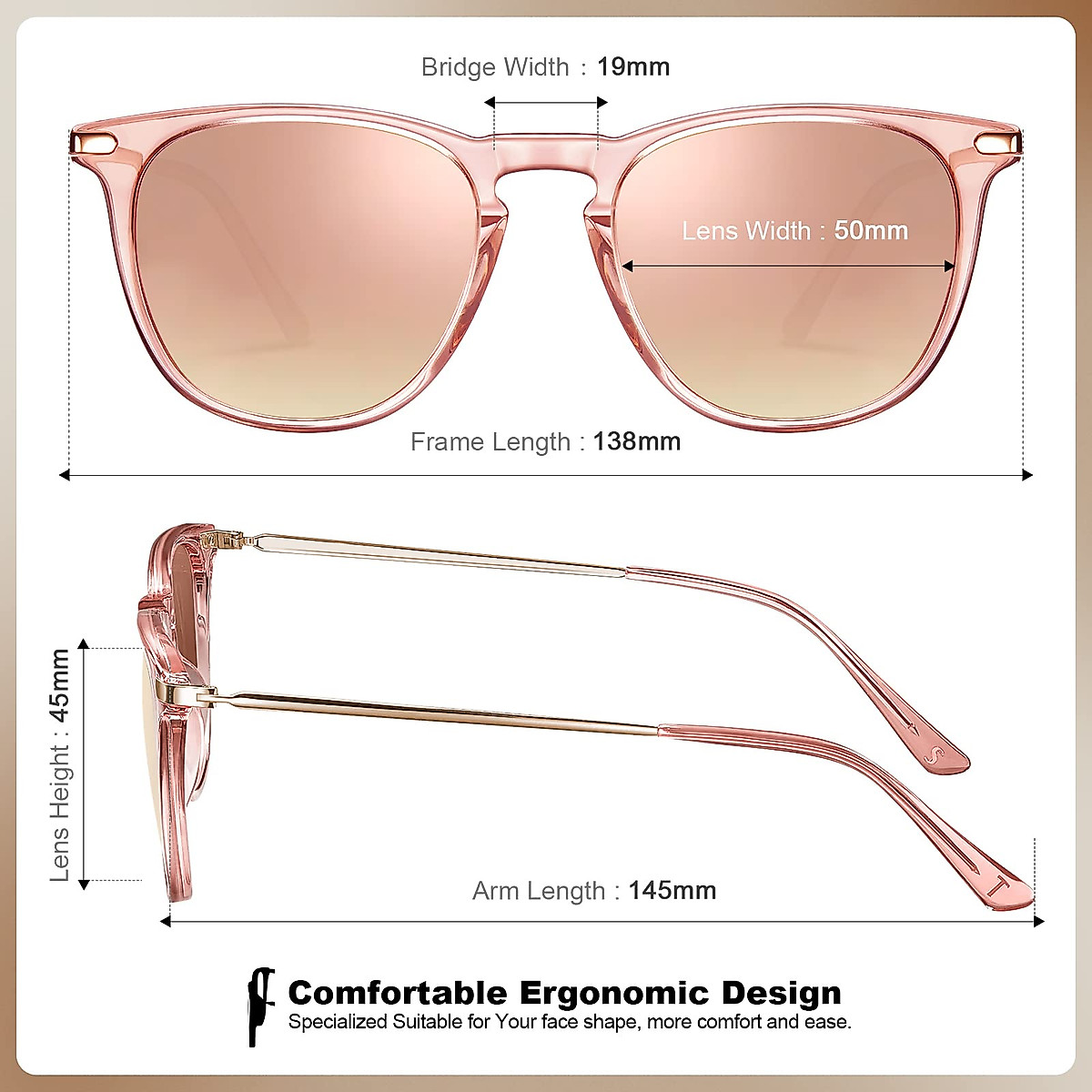 CARFIA Pink Mirrored Lightweight Polarized Sunglasses for Women UV Protection, Retro Square Ladies Sunnies Driving Eyewears