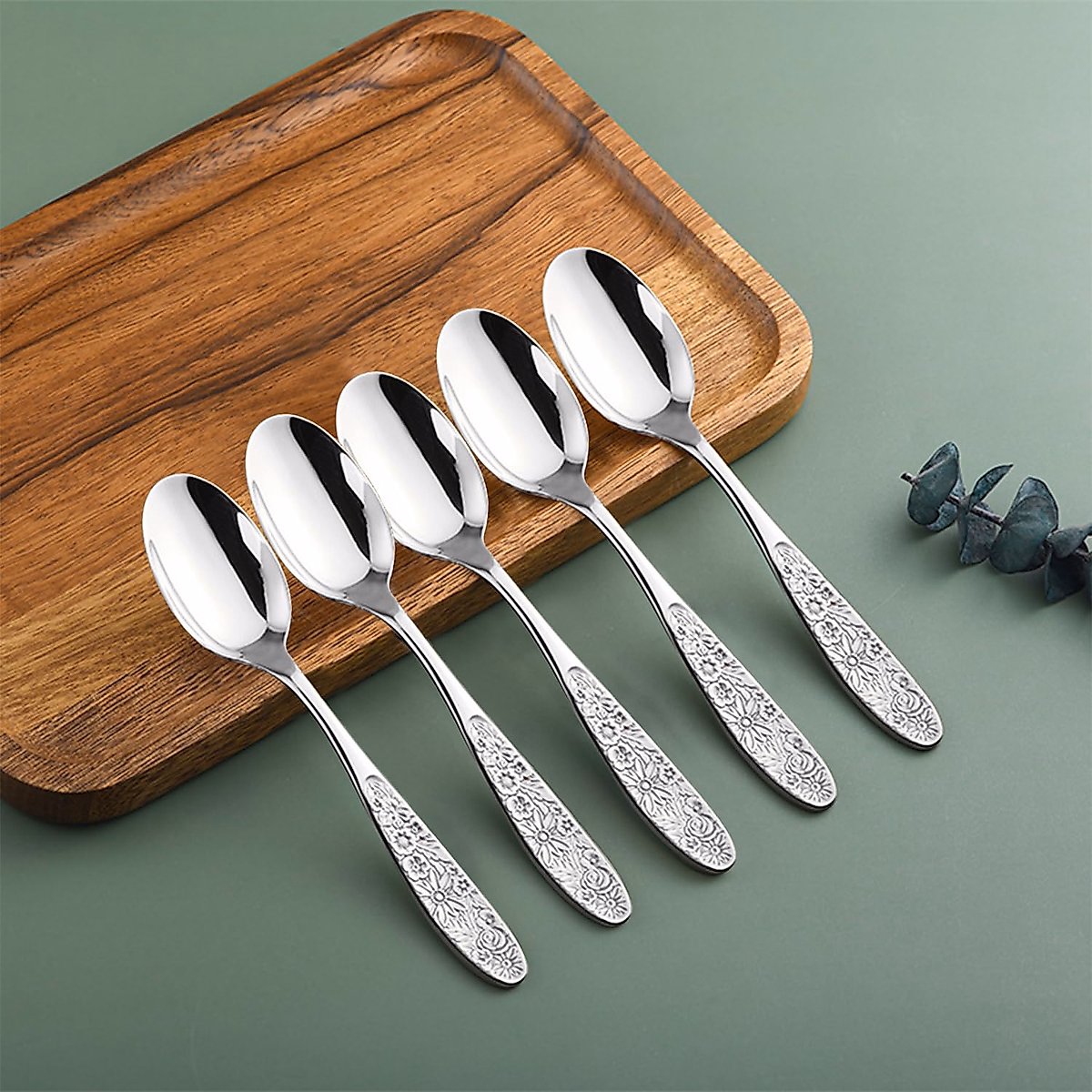 Ouliget Hammered Pattern Stainless Steel Bouillon Spoon,Embossed Pattern Flatware,Hammered Surface Dessert Spoons,7 Inch,Set of 4.