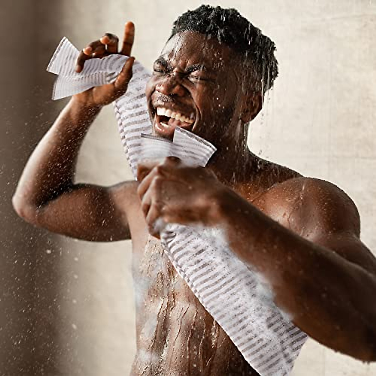 myHomeBody Extra Long Exfoliating Washcloth | Exfoliating Body Scrubber | Exfoliating Towel, Japanese Washcloth | Spring Green and Tan Stripes, Set of 2