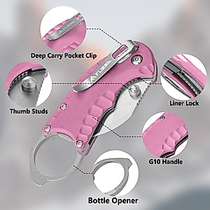 FLISSA 4" Small Folding Pocket Knife, Lightweight Utility Knife, Pink G10 Handle, EDC Pocket Knife with 8Cr13MoV Steel Blade, Carry Pocket Clip, Bottle Opener and Flat Head Screwdriver, Liner Lock
