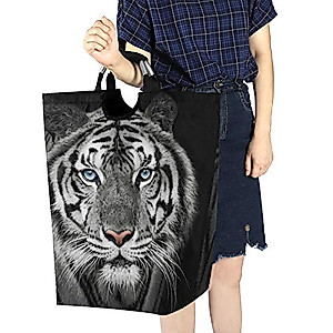 Kaariok White Tiger Animal Black Laundry Hamper with Handles Waterproof Collapsible Storage Basket Large Dirty Clothes Bin for Laundry Room, 22.7 Inches