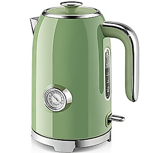 SUSTEAS Electric Kettle - 57oz Hot Tea Kettle Water Boiler with Thermometer, 1500W Fast Heating Stainless Steel Tea Pot, Cordless with LED Indicator, Auto Shut-Off & Boil Dry Protection, Retro Green