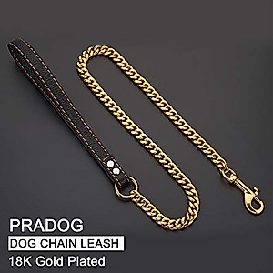 PRADOG Chain Dog Leash Metal Chew Proof 12MM Pet Leash Chain with Leather Padded Handle for Large Medium Small Dogs(Total Length of 3ft)