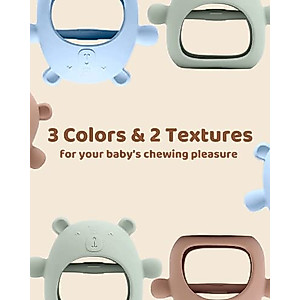 3 Packs Baby Teething Toy Silicone Bear Teething Mitten for Babies Over 3 Months Anti Dropping Wrist Hand Teethers Baby Chew Toys for Sucking Needs, BPA Free (Olive, Blue, Brown)