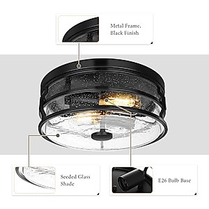 Flush Mount Ceiling Light Fixture, 12 Inch Close to Ceiling Light with Black Metal Cage, Modern Industrial Ceiling Lamp with Seeded Glass for Kitchen Hallway Bedroom Living Room Foyer