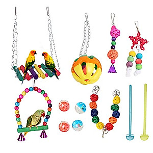 Tnfeeon Bird Swing Toy Set Bird Cage Toys Chewing Hanging Bell Bird Cage Colorful Toys with Wooden Hanging Stand Ladder for Parakeet Cockatiel