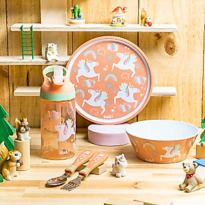 zak! Unicorn - 5-Piece Dinnerware Set - Durable Plastic & Stainless Steel - Includes Water Bottle, 8-Inch Plate, 6-Inch Bowl, Fork & Spoon - Suitable for Kids Ages 3+