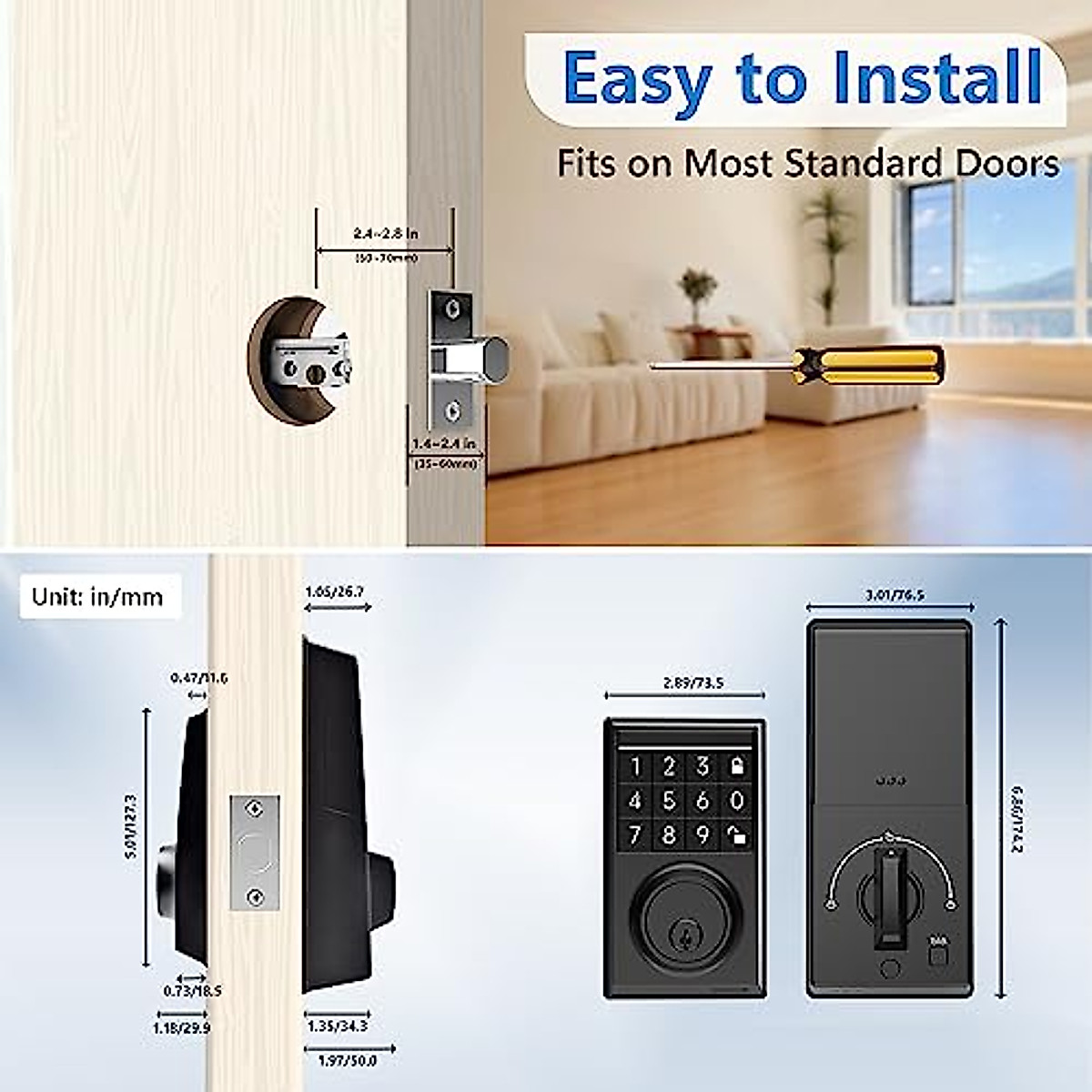 Keyless Entry Door Lock with Keypad, Electronic Smart Lock, Keyless Door Lock with 2 Keys, Electronic Keypad Deadbolt, Door Locks with Keypads, 103 Codes, Auto Lock, Easy Installation, Black
