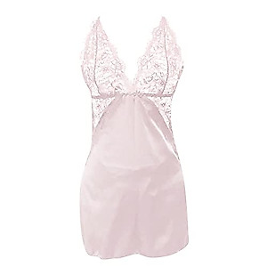 Qopobobo Sexy Lengerie for Women Naughty Lace Deep V Neck Nightwear Satin Sleepwear Mini Chemise Babydoll Teddy Sleepwear Pink