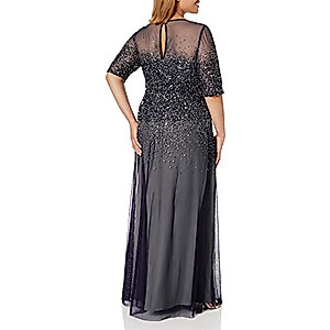 Adrianna Papell Women's Plus-Size 3/4 Sleeve Beaded Illusion Gown with Sweetheart Neckline, Navy, 14