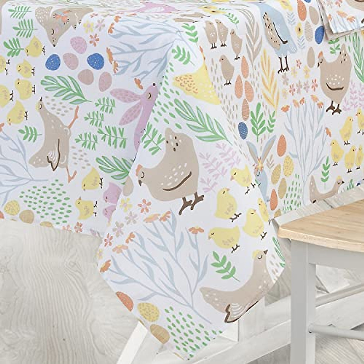 Home Bargains Plus Easter Fun Fabric Tablecloth, Bunny Rabbit, Easter Egg and Chicks Print Stain and Wrinkle Resistant Spring Tablecloth, 52” x 52” Square