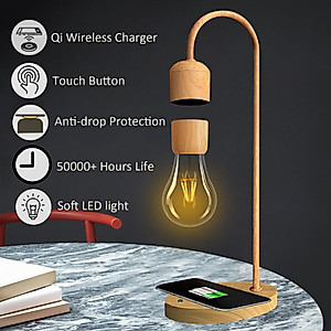 Floatidea Magnetic Levitating Lamp with Wireless Phone Charging Pad Floating Light Bulb LED Night Light Wood Grain Table Lamp Levitation Desk Lamp for Office Home Decoration Christmas Gift