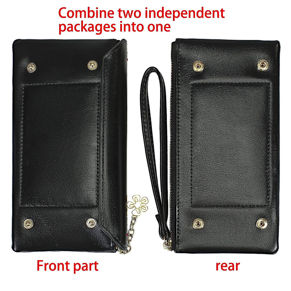 ENYISDAN Detachable Wristlet Wallets for Women 2-in-1 Long Purse Clutch Embroidery Leather Zip Black