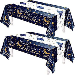 Juexica Twinkle Twinkle Little Star Decoration Tablecover for Baby Shower Boy Gender Reveal Party Supplies(2 Pack), Gold, Blue, White