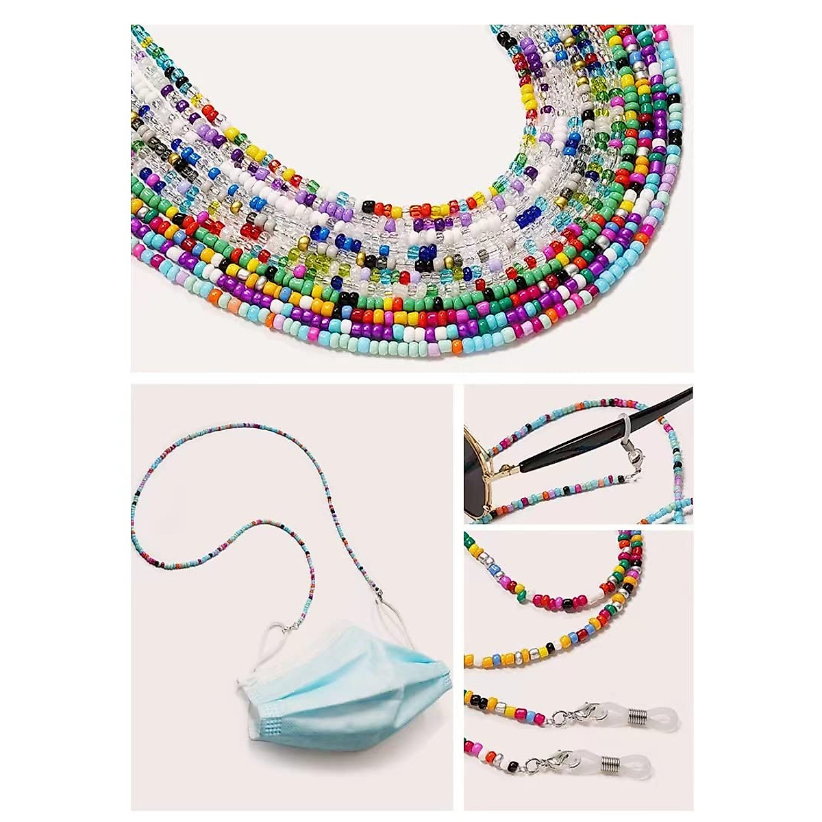 8 Pcs Beaded Eyeglass Chains for Women & Girls, Multifunction Colorful Mask Glasses Lanyard Sunglass Holder Strap Around Neck,Bead Holders Face Mask Chains Clamp Necklace Strap with Eyeglass Loop