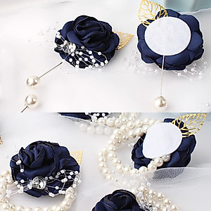 WANLIAN Wrist Corsage Rose Bridesmaid Wedding Flowers Prom Corsage And Boutonniere Set for Wedding Party Prom Groom Bridal (Navy blue)