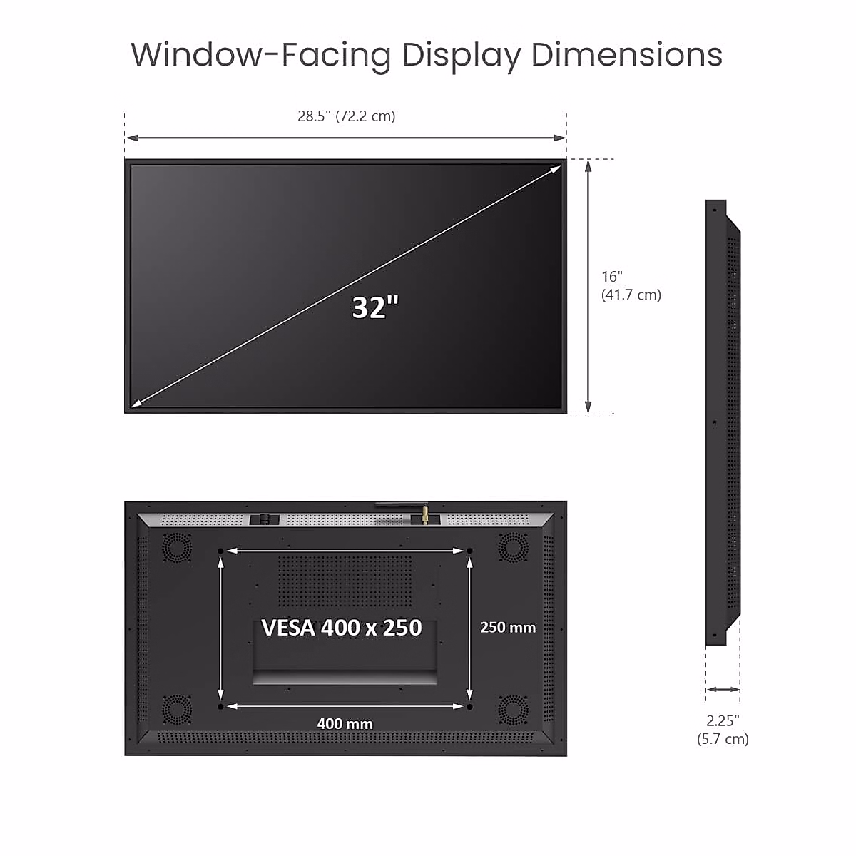 32" Sun-Readable Window-Facing Display, Ultra-Bright 3000 nits LCD, Non-Touch, Indoor Use, Android OS, WiFi, Plug & Play, Digital Signage Software Ready, Online Content Management