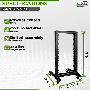 NavePoint 22U 2 Post Open Frame Server Rack with Casters for 19 Inch Equipment, Networking, and IT Devices, 2-Post Rack 330lbs Weight Capacity, Black