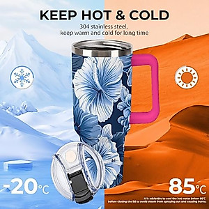 Blue Hawaiian Hibiscus Floral Insulated Tumbler with Lid And Straw Stainless Steel Travel Coffee Mug 40oz Light Rose Red-style