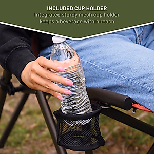 TIMBER RIDGE Bungee Folding Camping Chairs for Adults, Heavy Duty Collapsible Padded Chair with Armrests Cup Holder, Foldable Outdoor Lounge Chairs for Beach, Fishing, Lawn, Supports 300 lbs, Red