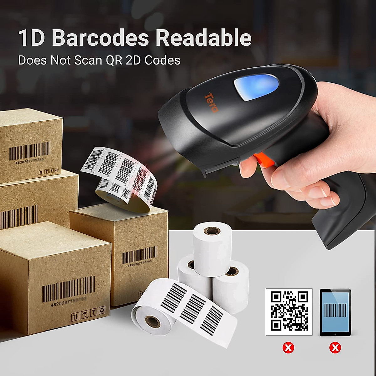 Tera 1D Wireless Barcode Scanner USB Cradle Charging Base Handheld Laser Bar Code Reader 1D Automatic Sensing Fast and Precise Scanner Model 6100
