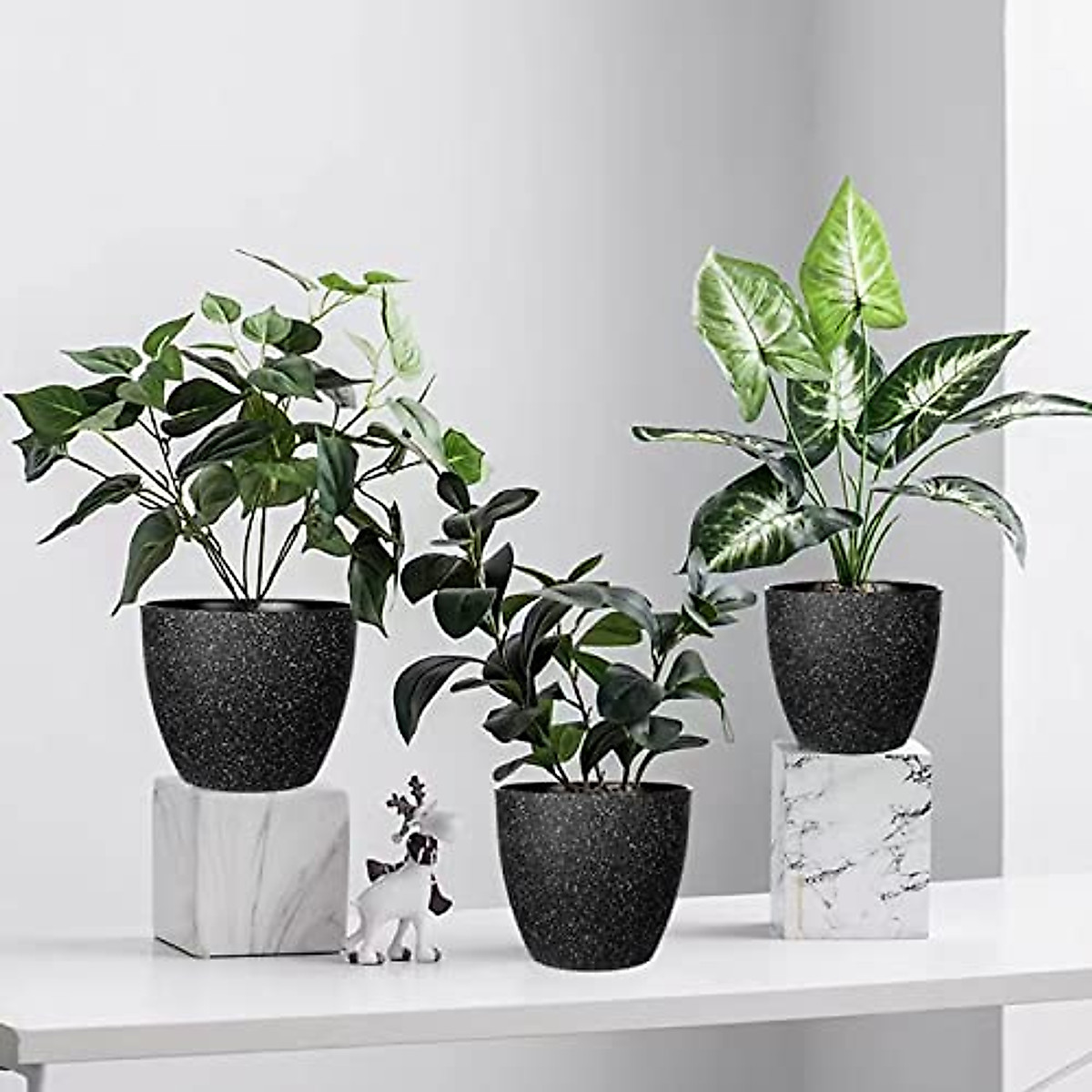 Vanavazon Plant Pots 9/8/7 Inch Set of 3 Flower Pots Indoor Outdoor Plastic Planters with Drainage Hole and Tray (Speckled Black)