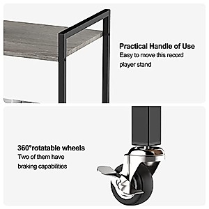 YBING Record Player Stand with Record Storage Vinyl Record Storage Table 2-Tier Turntable Stand Record Display Table with Wheels, Gray