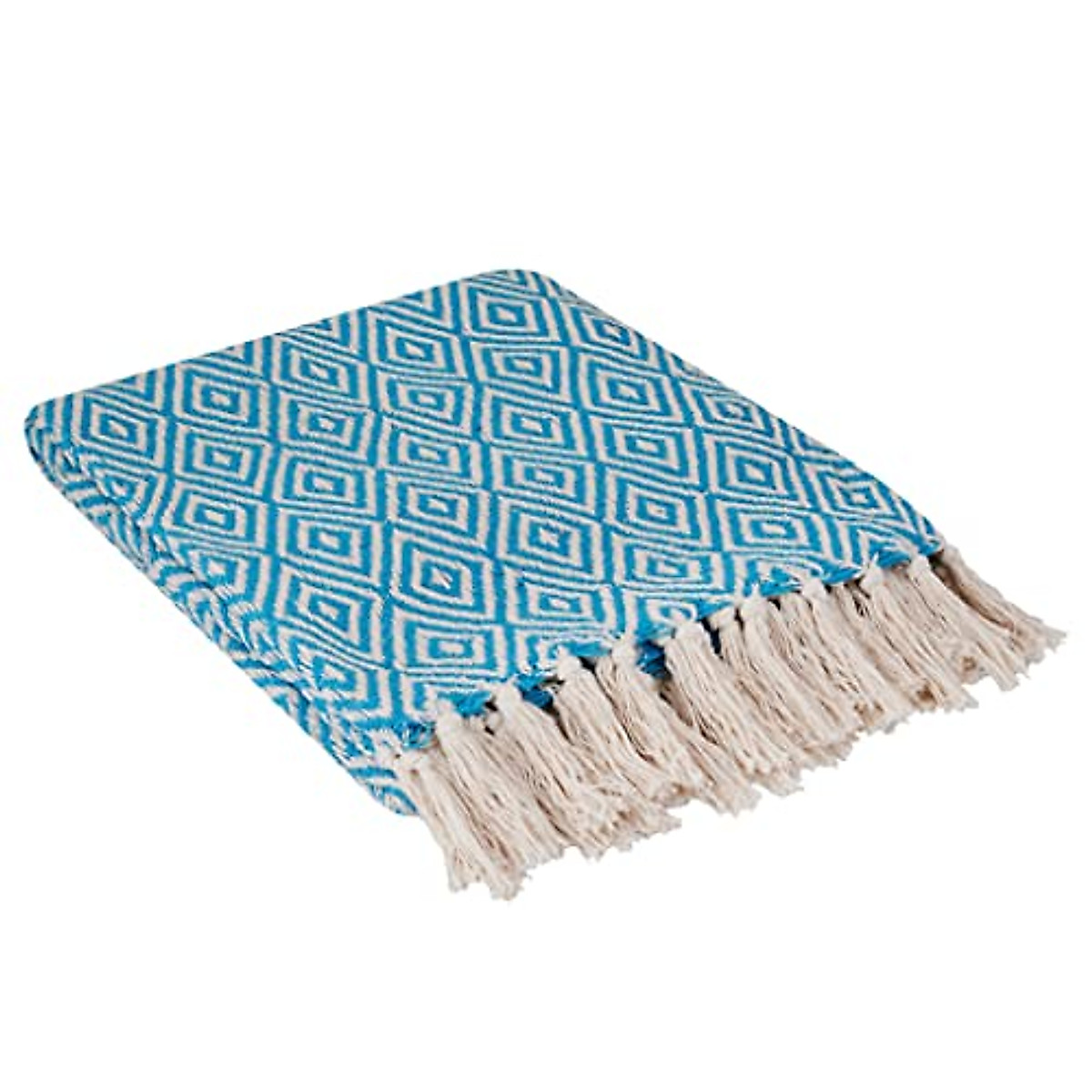 100% Cotton Throw Blanket 50x60 - Turquoise Throw Blanket with Fringe - Soft Lightweight Bed Throw for Couch, Chair - Cozy Farmhouse Throw Blanket - Decorative Throw Blanket - Home Living Room Decor