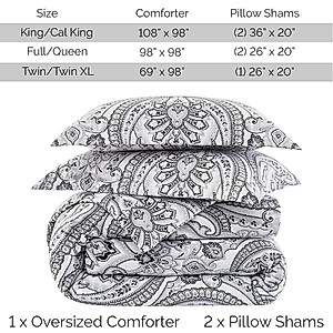 Southshore Fine Living, Inc. Twin Extra Long Comforter Set, Down Alternative Boho Bedding Set, Paisley Print Bedspread, Boho Comforter Twin/XL Size with Matching Pillow Sham, Pure Melody Black