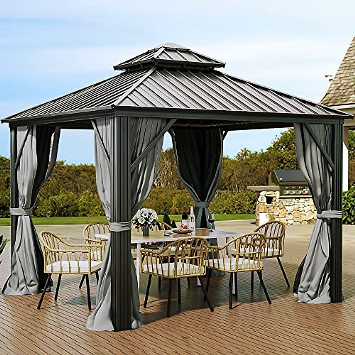 YITAHOME 10x10ft Hardtop Gazebo with Nettings and Curtains, Heavy Duty Double Roof Galvanized Steel Outdoor Combined of Vertical Stripes Roof for Patio, Backyard, Deck, Lawns, Gray