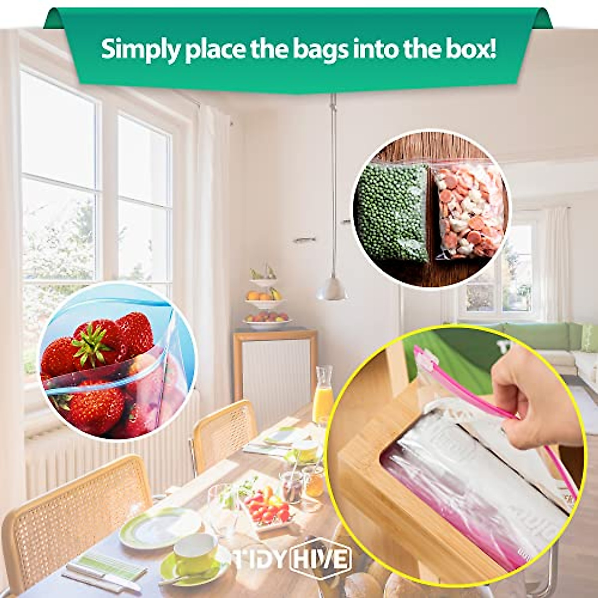 TIDYHIVE - Ziplock Bag Storage Organizer - Kitchen Organizer for Sandwich Bags, Quart, Gallon, Snack – Natural Wood Plastic Bag Organizer – Space Saving and Practical Solution
