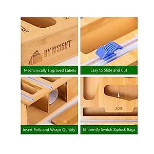 Ziplock Bag Organizer - 6 in 1 Wrap Dispenser with Cutter and Labels, Bamboo Reusable Baggies Dispenser Container, Storage Organizer for Kitchen Drawer, Compatible with Gallon, Quart, Sandwich & Snack