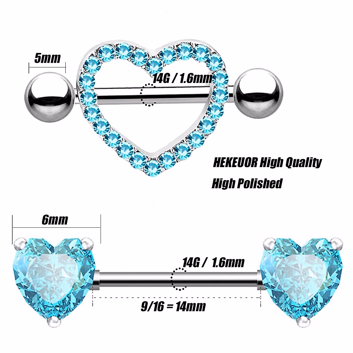 HEKEUOR 14G Surgical Steel Nipple Ring CZ Barbell Heart Shape for Women nippleshield Piercing Body Piercing (Blue (2Pairs))