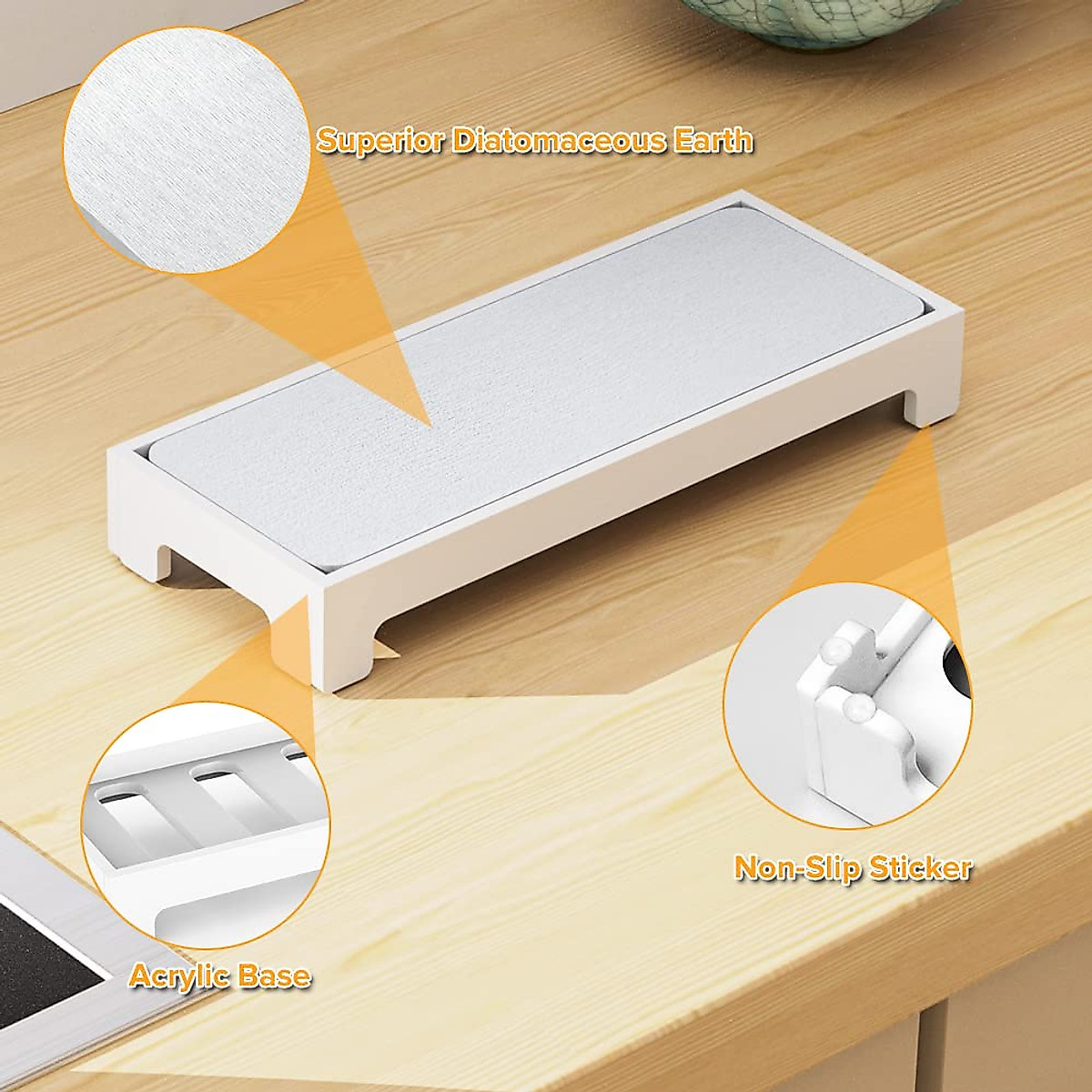 Sink Caddy, EnjoyNest Instant Dry Sink Organizer Sponge Soap Holder for Kitchen Sink Bathroom Countertop Fast Drying Rack Counter Tray Water Absorbing Stone Pedestal Stand Riser for Bottle Brush-White