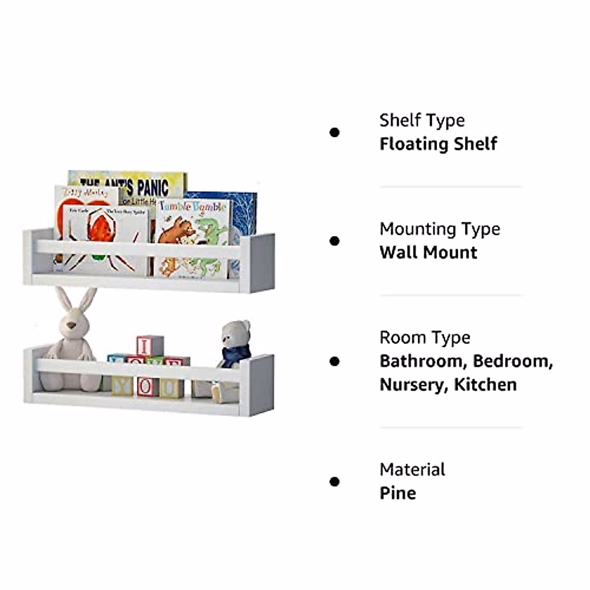 Wallniture Set of 2 Nursery Room Wood Floating Wall Shelves White