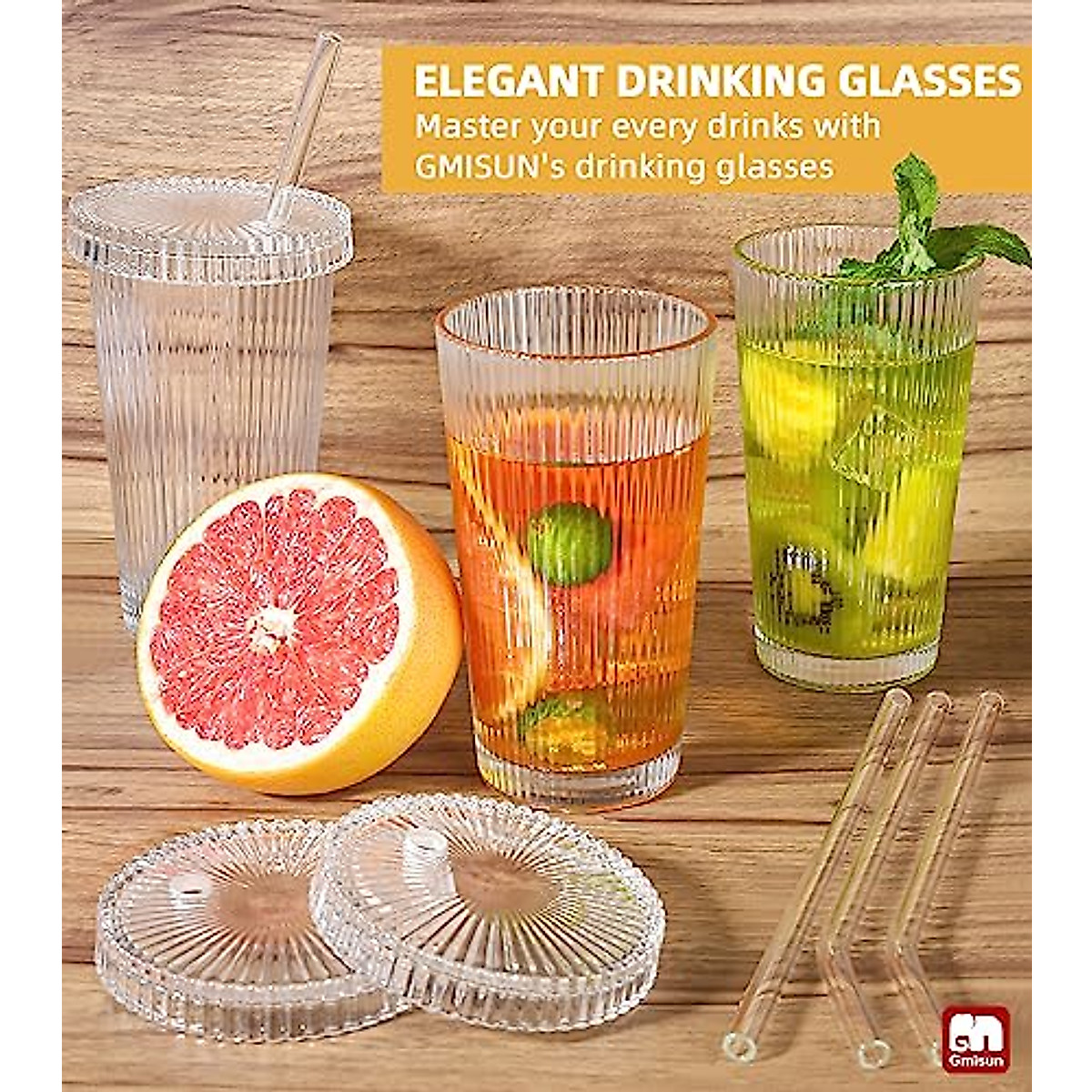 GMISUN Iced Coffee Cups with Lids, Glass Cups with Lids and Straws, Ribbed Glassware, Drinking Glasses Set of 4, Vintage Glassware Cocktail Glasses 14oz for Cocktail, Gift