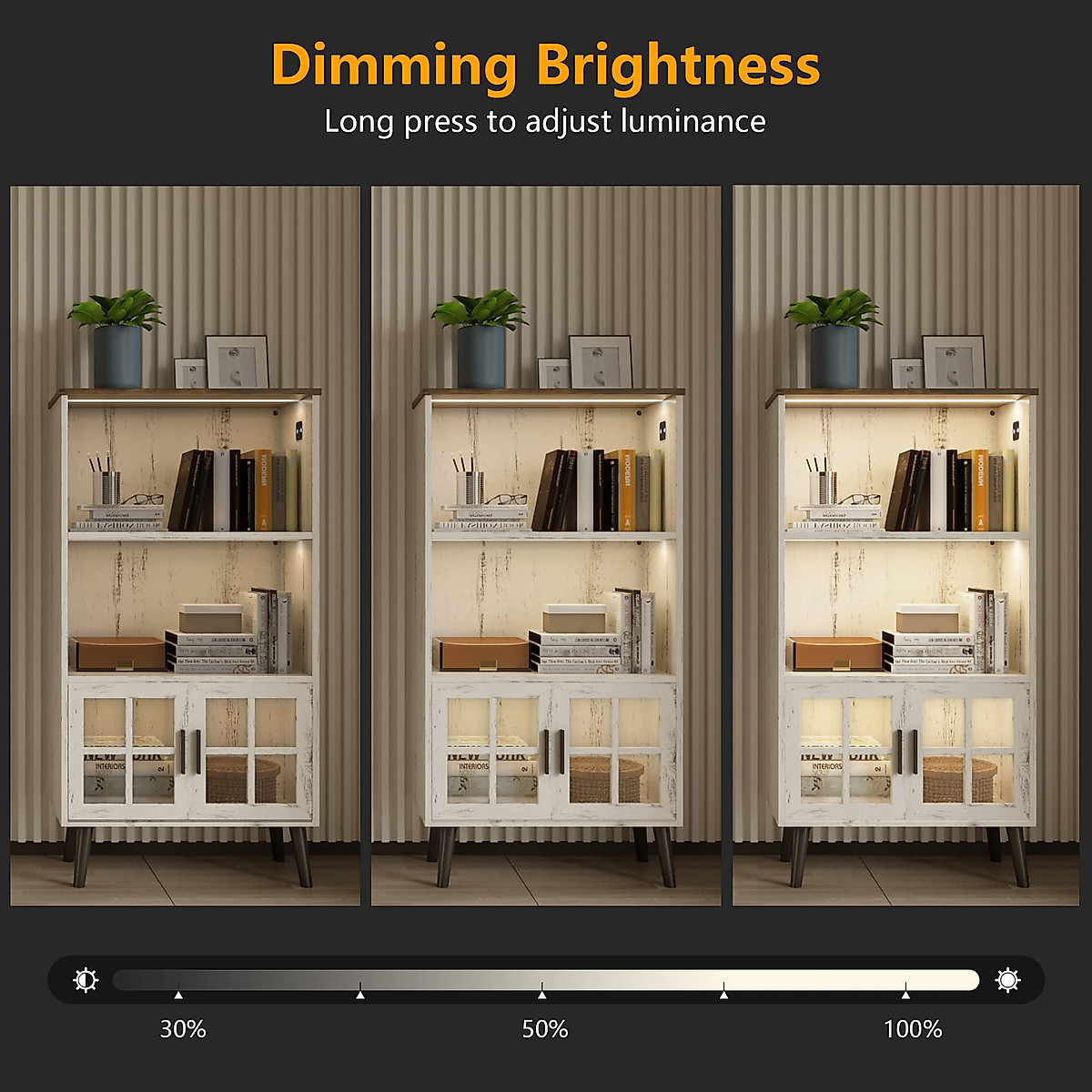 LVSOMT 3 Shelf Bookcase with LED Lights,Book Case with 2 Open Shelves, Storage Cabinet with Door, Human Body Induction Mode, Modern Wood Bookshelf for Bedroom/Living Room/Office, White