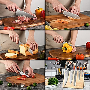 Damascus Kitchen Knife Set, NANFANG BROTHERS 6-Piece Damascus Steel VG10 Kitchen Knife Set with Wood Magnetic Knife Holder Block Professional Chef's Knife with Sharp Blades and ABS Ergonomic Handle