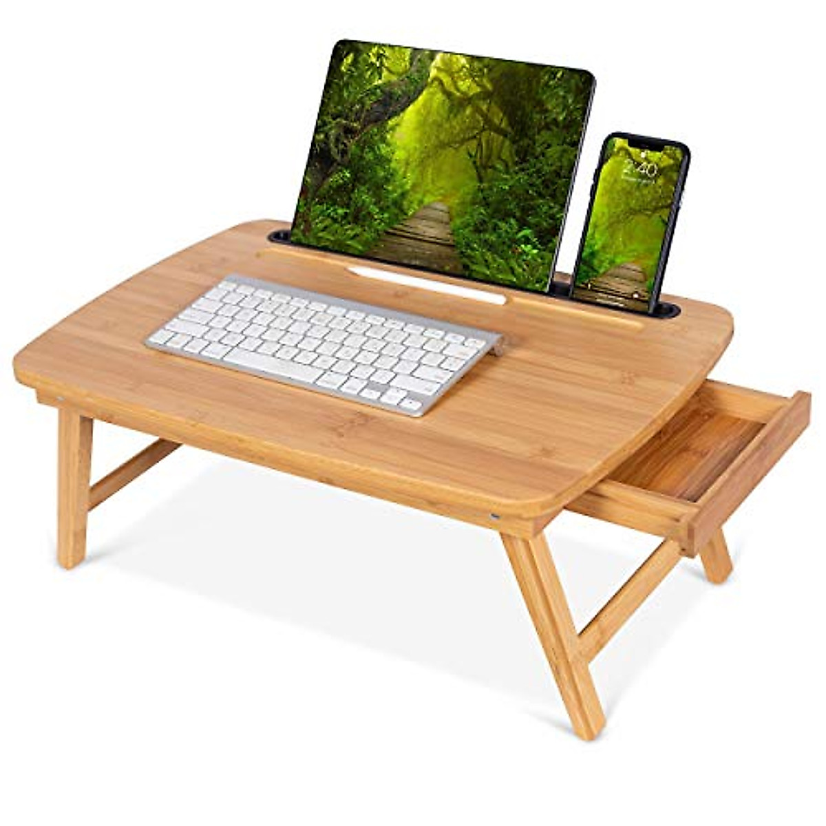 BIRDROCK HOME Portable Sit or Stand Desk with Storage Drawer and Media Slot | Folding Legs | Fits Laptops Up to 17" | 17" Tablet and Phone Slot | Smart Phones Up to 4" | Natural | Work from Home