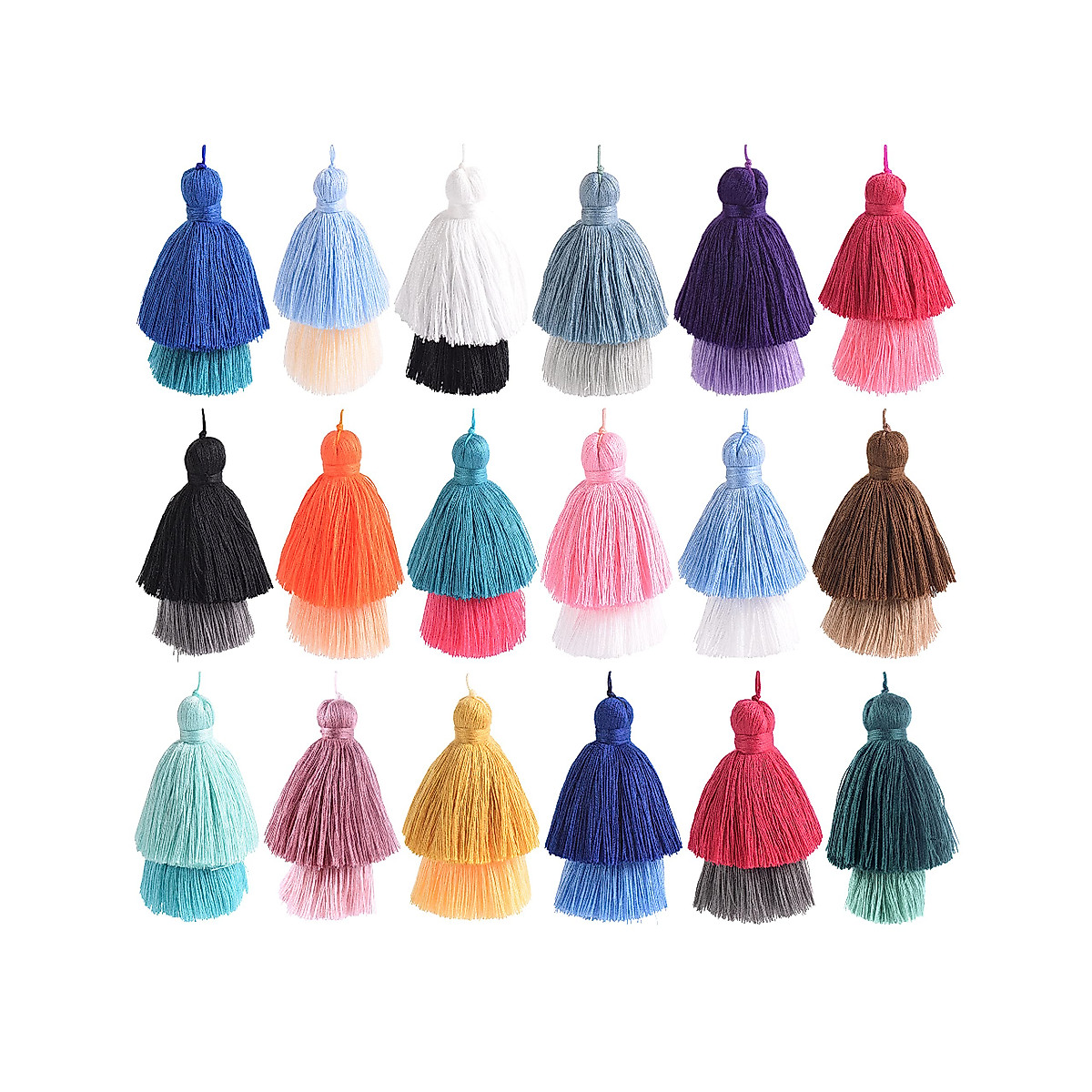 KONMAY 20pcs 3.2'' Mixed Boho Tiered Tassels, 2 Layers Pom Pom LayeredTassels with Loop for Jewelry Making,Bag Decoration, Keychains, Pillows and Crafts