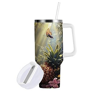 Slewiaeky Tumbler with Handle 40 oz Tropical Butterfly Insect Travel Mug with Lid and Straw Pineapple Stainless Steel Vacuum Insulated Water Bottle Cup for Iced Tea Coffee Cold Beverages Cup Holder F