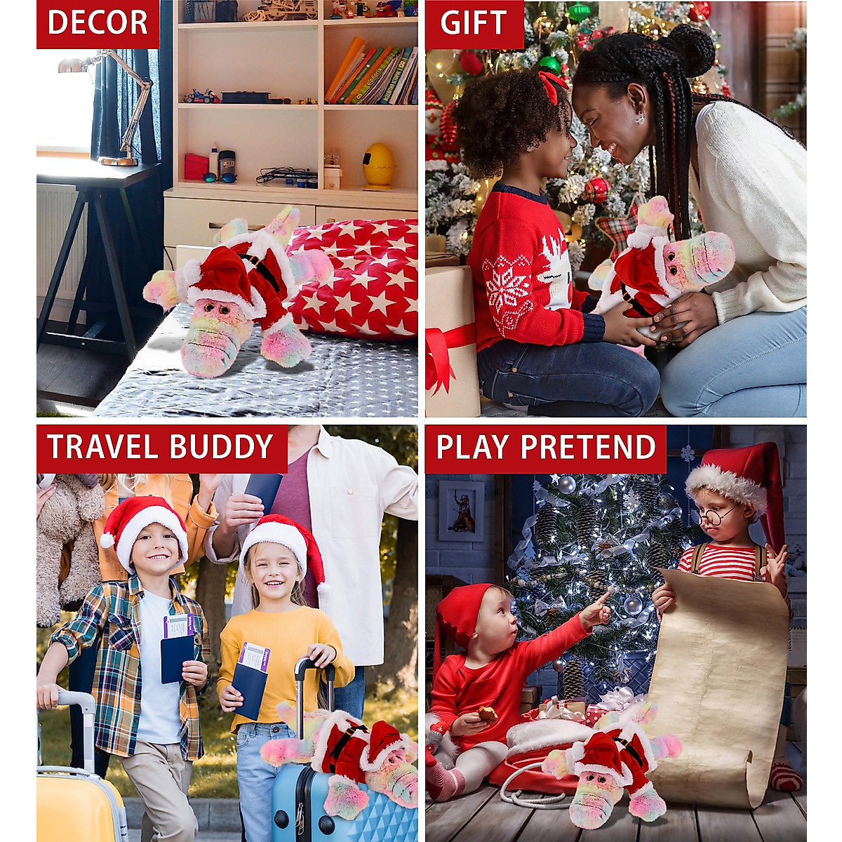 DolliBu Santa Rainbow Large Alligator Stuffed Animal Plush Toy - Wild Animal Dress Up with Red Santa Claus Outfit, Wildlife Gift, Perfect Holiday with Name Personalization - 17 Inches