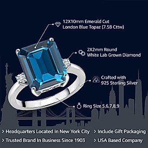 Gem Stone King 7.58 Cttw 12X10MM London Blue Topaz and 2MM White Lab Grown Diamond 3 Stone Engagement Ring For Women In 925 Sterling Silver | Gemstone Birthstone | Size 5,6,7,8,9