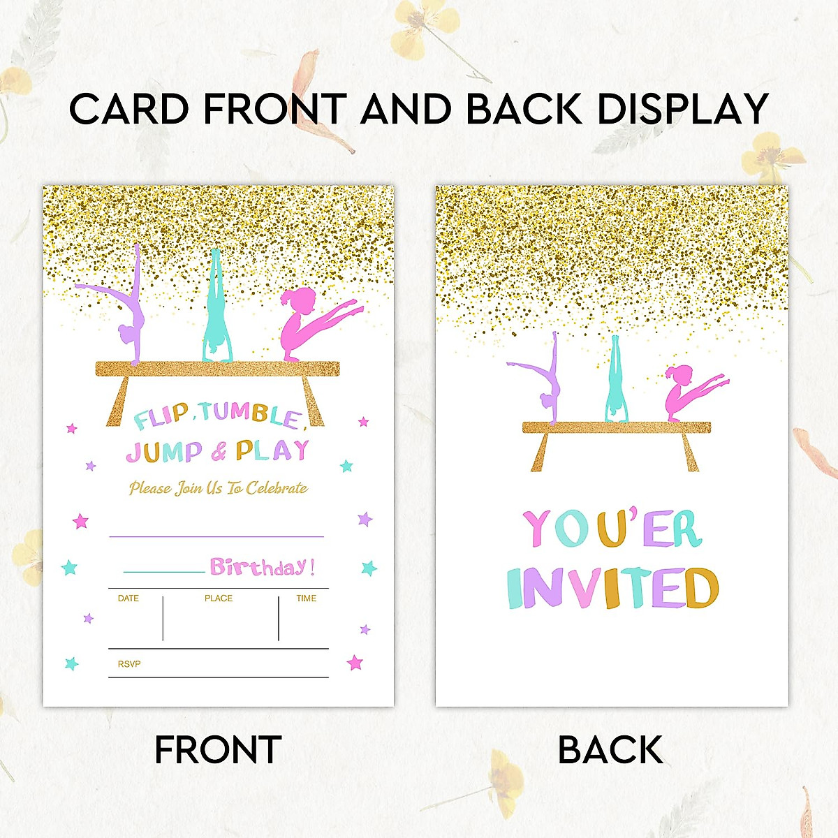 YUEXLL Gymnastics Birthday Party Invitations Cards with Envelopes, Gymnastics Party Invitations, Jump Birthday Celebration Supplies, Double-sided Fill-in bday Invites for Boys Girls- A21