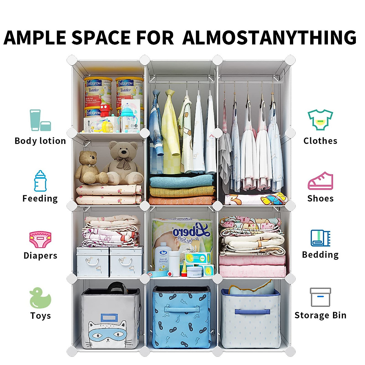 VIPZONE Baby Dresser, Kids Closet Organizers, Portable Kids Wardrobe for Closet, Bedroom, Nursery, Cubby, Cabinet, Clothes, Dress, Baby Storage Shelf, Armoire Clothes Hanging (12 Cube, White)