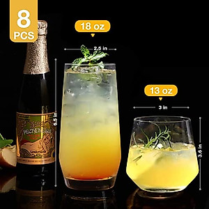 Mfacoy Drinking Glasses Set of 8-4 Tall Glass Cups 18 oz & 4 Short Stemless Wine Glasses 13 oz, Highball Glasses, Glassware Sets for Cocktail, Beer, Wine, Whiskey, Water & Juice Drinkware