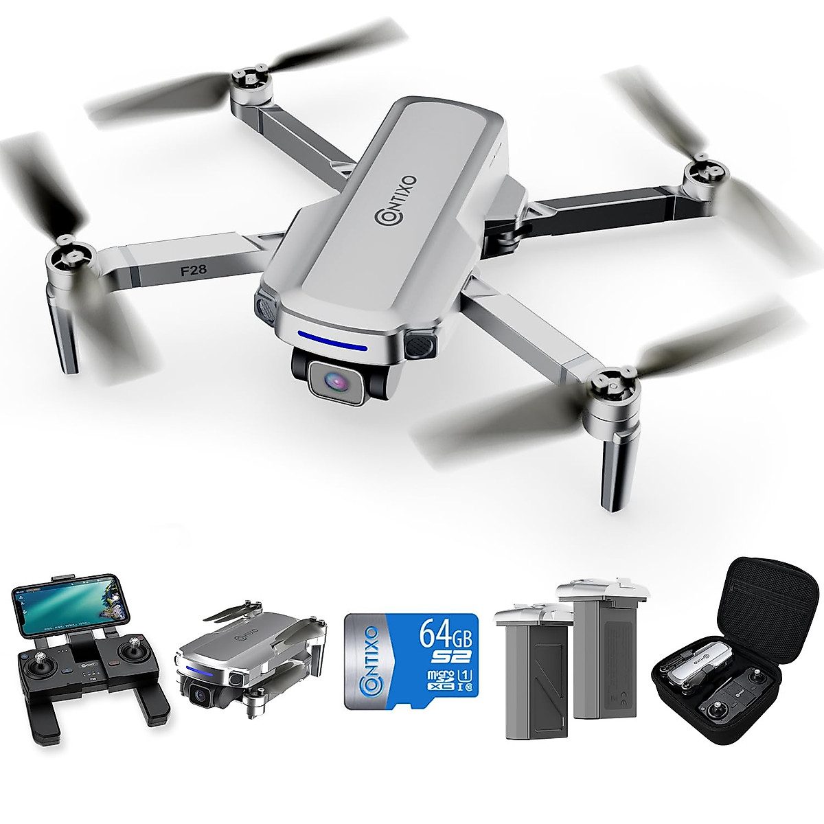Contixo F28 Foldable GPS Drone - 2K FHD Camera GPS Control and Selfie Mode Follow Me, Way Point, & Orbit Mode Up to 60 Min Flight Time FPV Drone for Mobile With Carrying Case 64GB SD Card